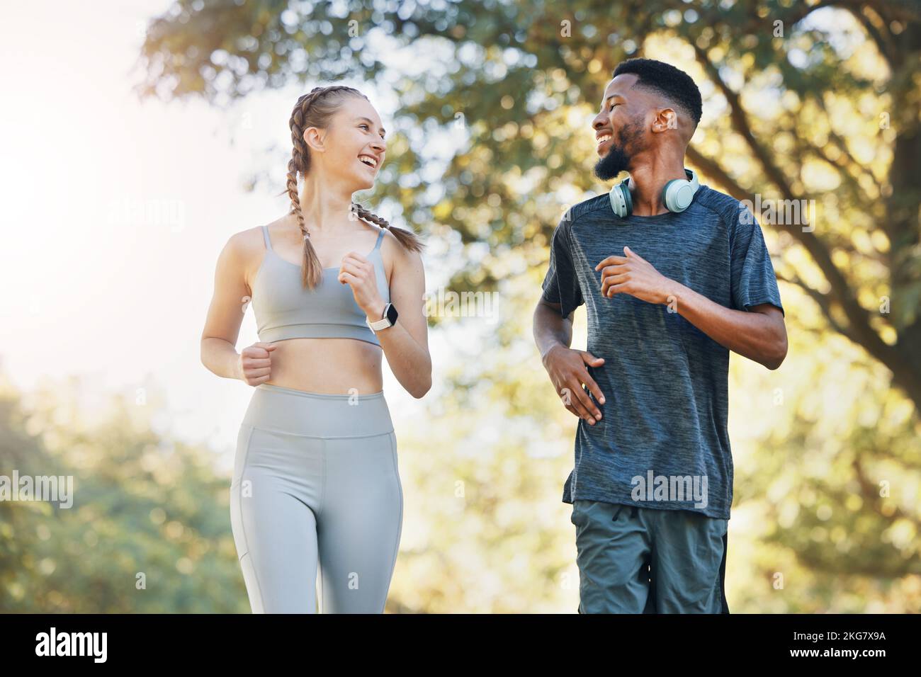 Couple, training and outdoor for running for health, wellness and ...