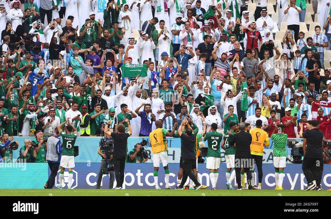 Doha, Qatar. 22nd Nov, 2022. Saudi Arabia players celebrate the win in ...