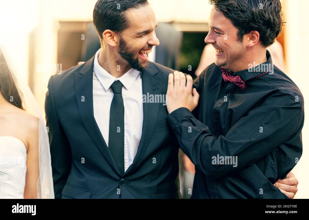 Wedding, groom and friends with a best man and male on a marriage day ...