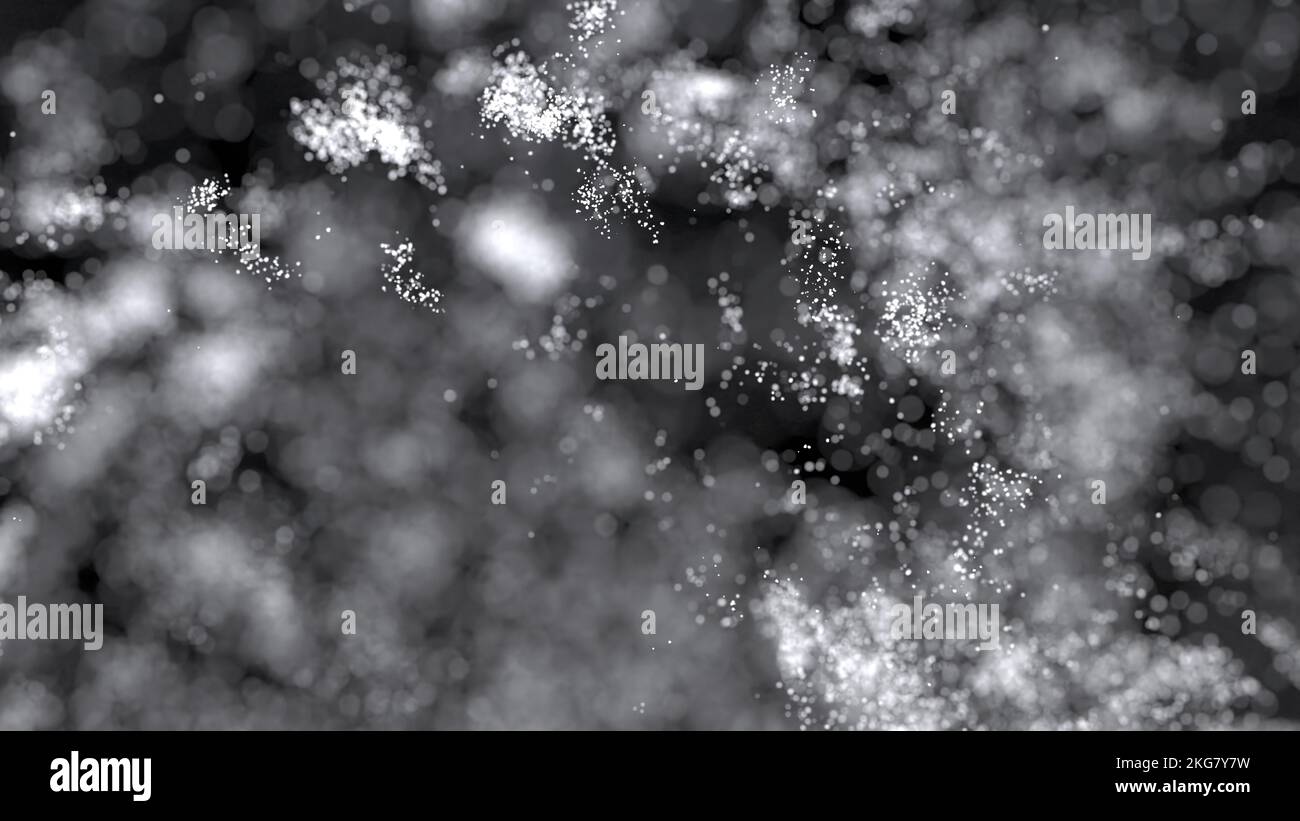 3D rendering of cluster of white particles flitting about on black ...