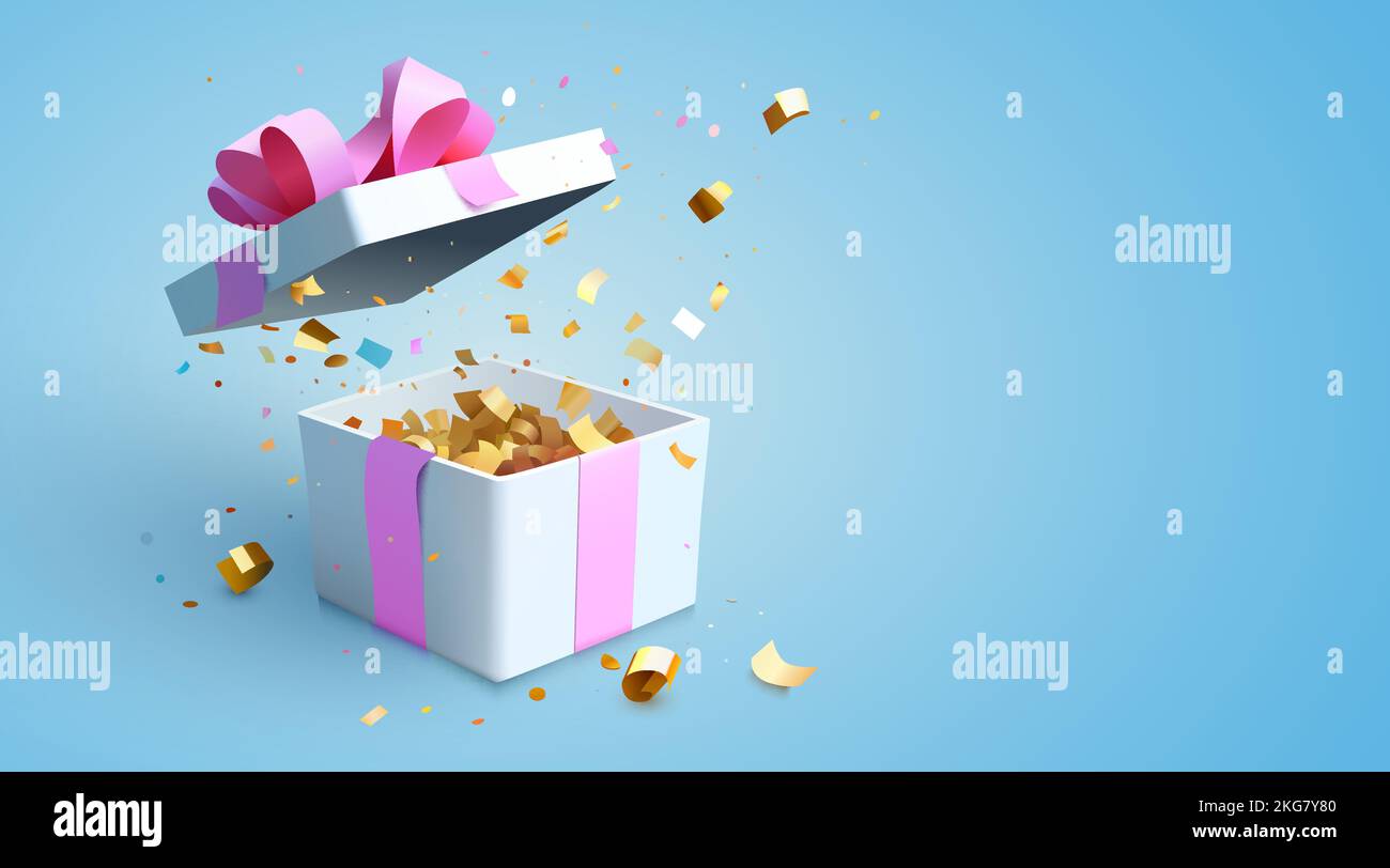 Open present box with golden confetti. Vector illustration Stock Vector ...