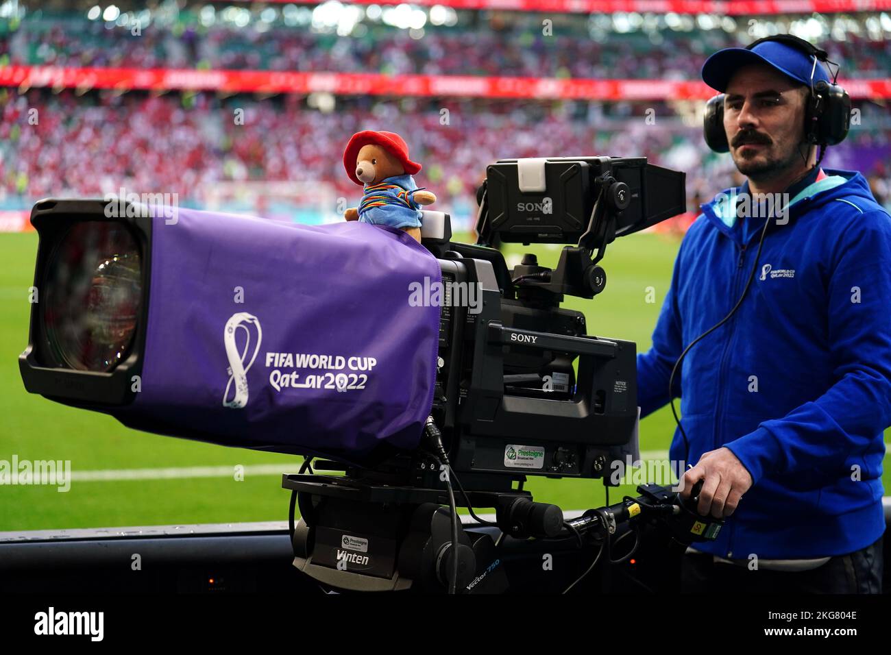 A teddy bear wearing rainbow laces on top of a television camera during ...