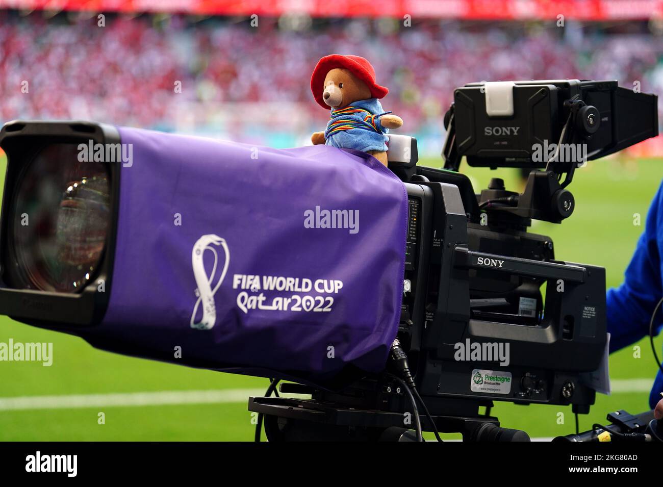 A teddy bear wearing rainbow laces on top of a television camera during ...