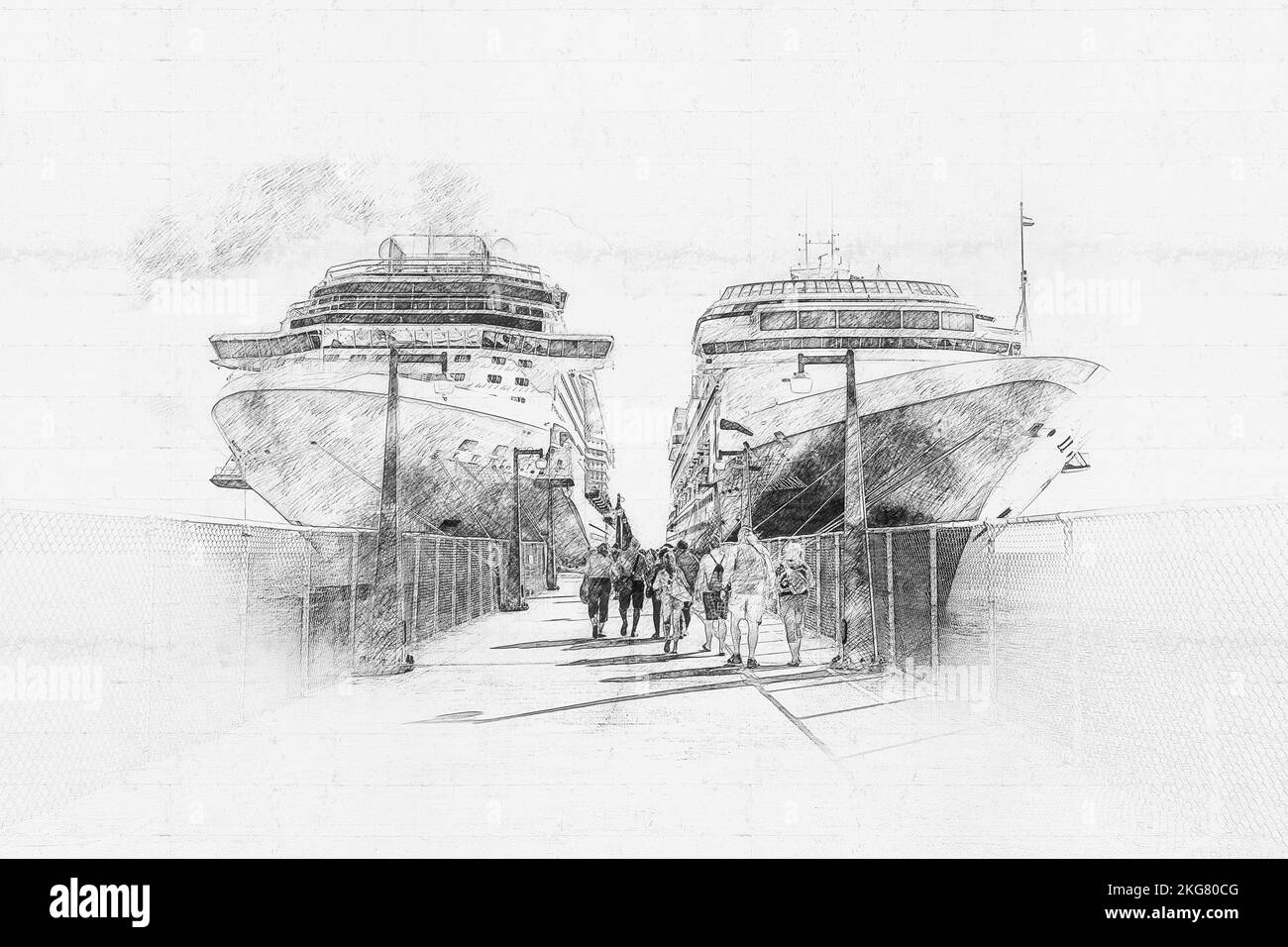 Pencil sketch drawing of two cruise ships in a port ship terminal Stock ...