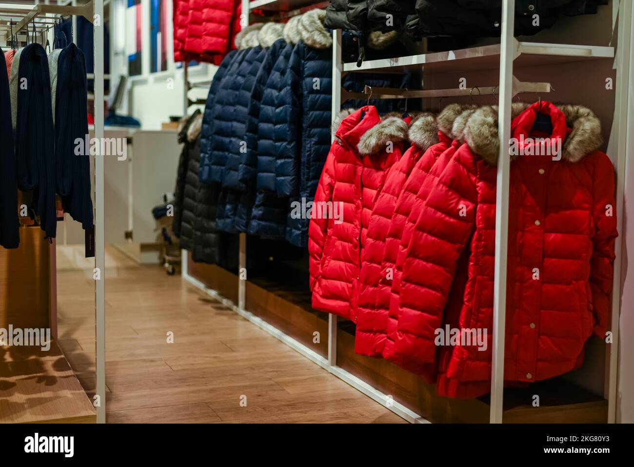 warm winter jackets shop showcase wardrobe Stock Photo - Alamy