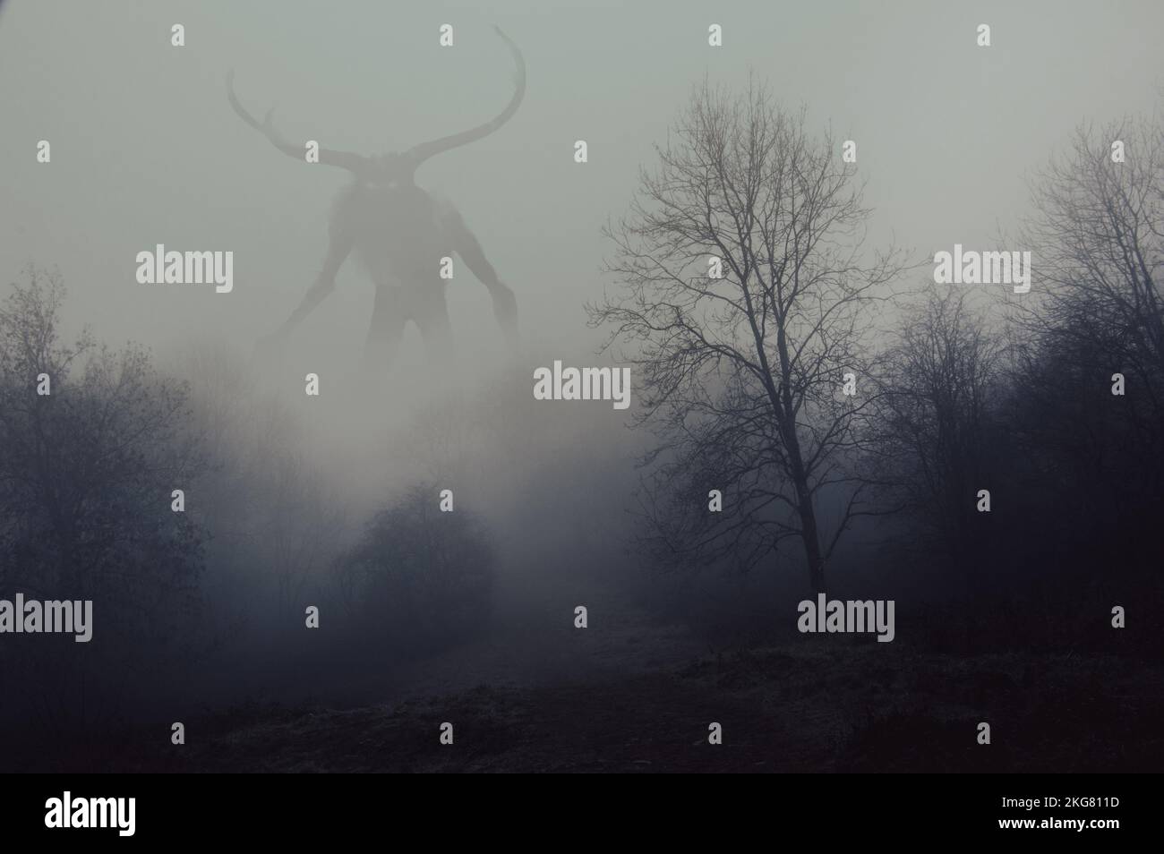 A fantasy concept of a horned god like monster. Looking across a forest ...