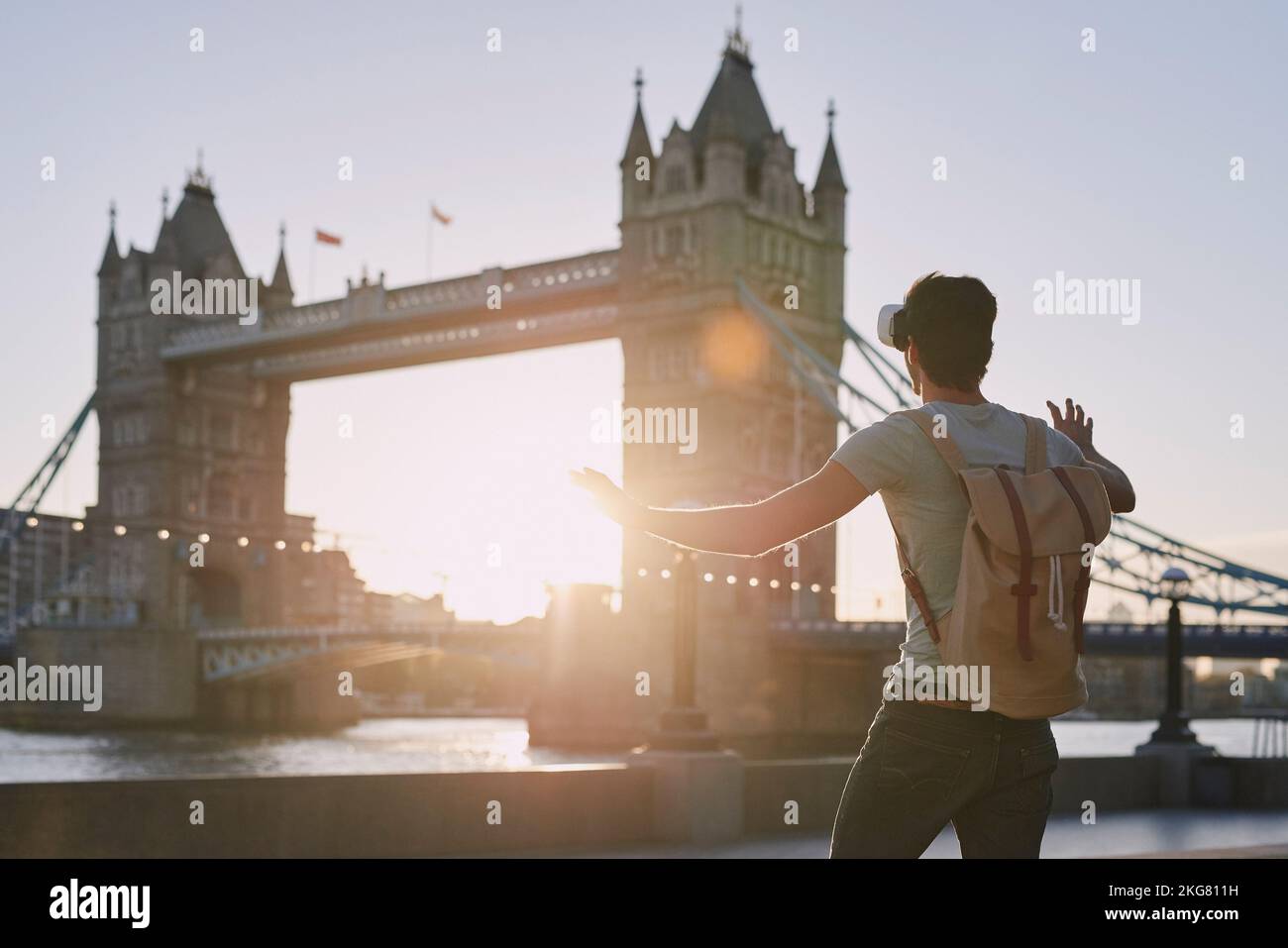 VR, gaming and man on a holiday in London for travel, ai experience and ...