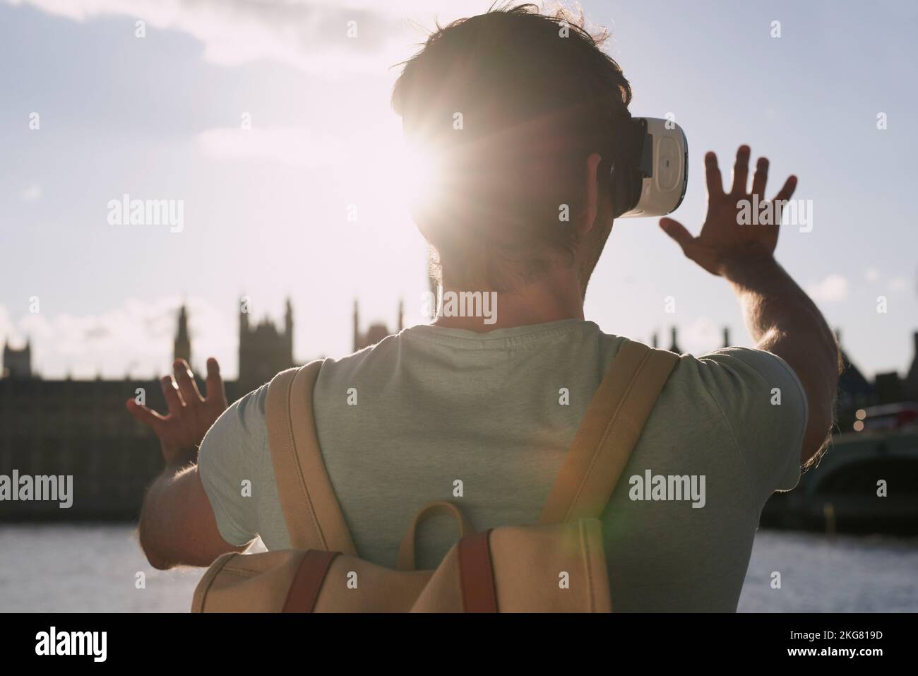 Virtual reality glasses, man back and outdoor metaverse adventure, 3d ...