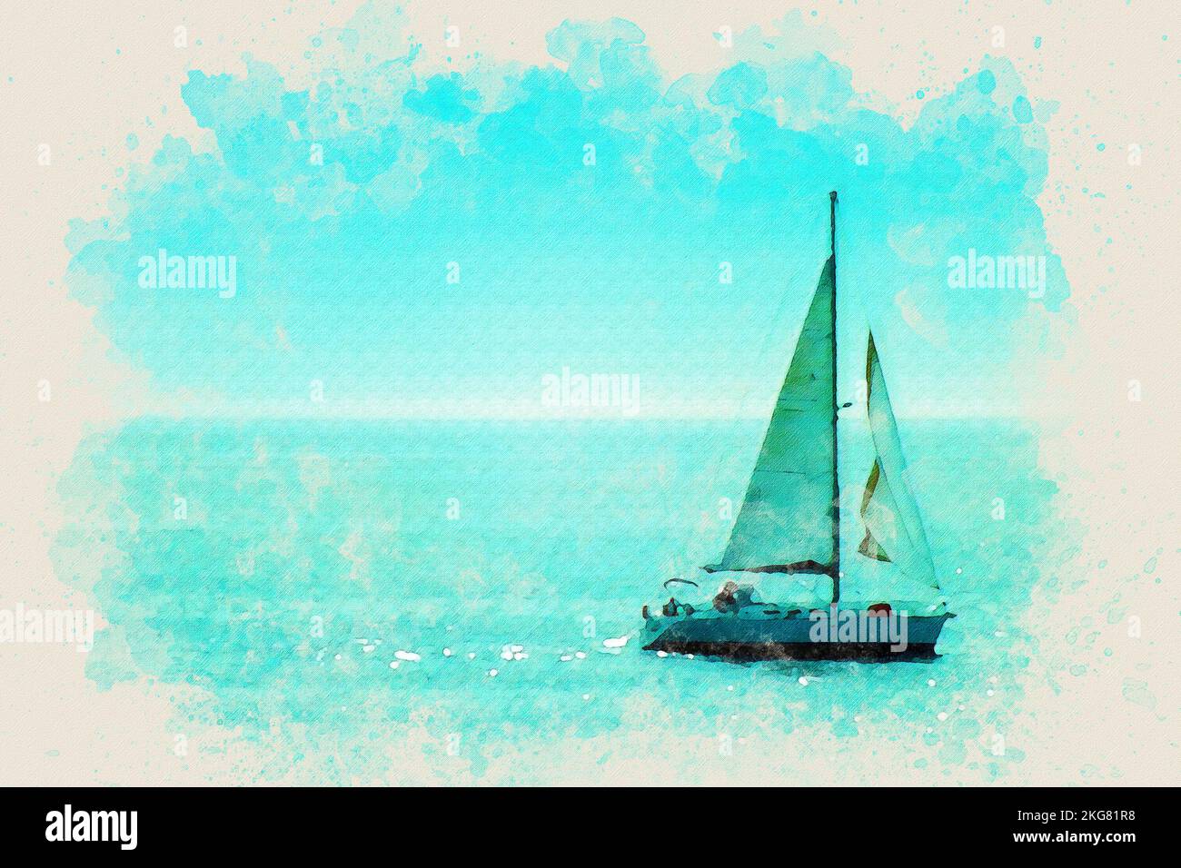 Digital watercolor landscape painting sketch photo effect of a sailing ...
