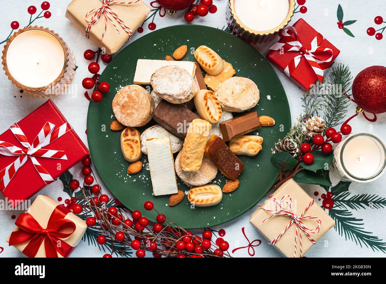 Top view of Nougat christmas sweet,mantecados and polvorones with ...