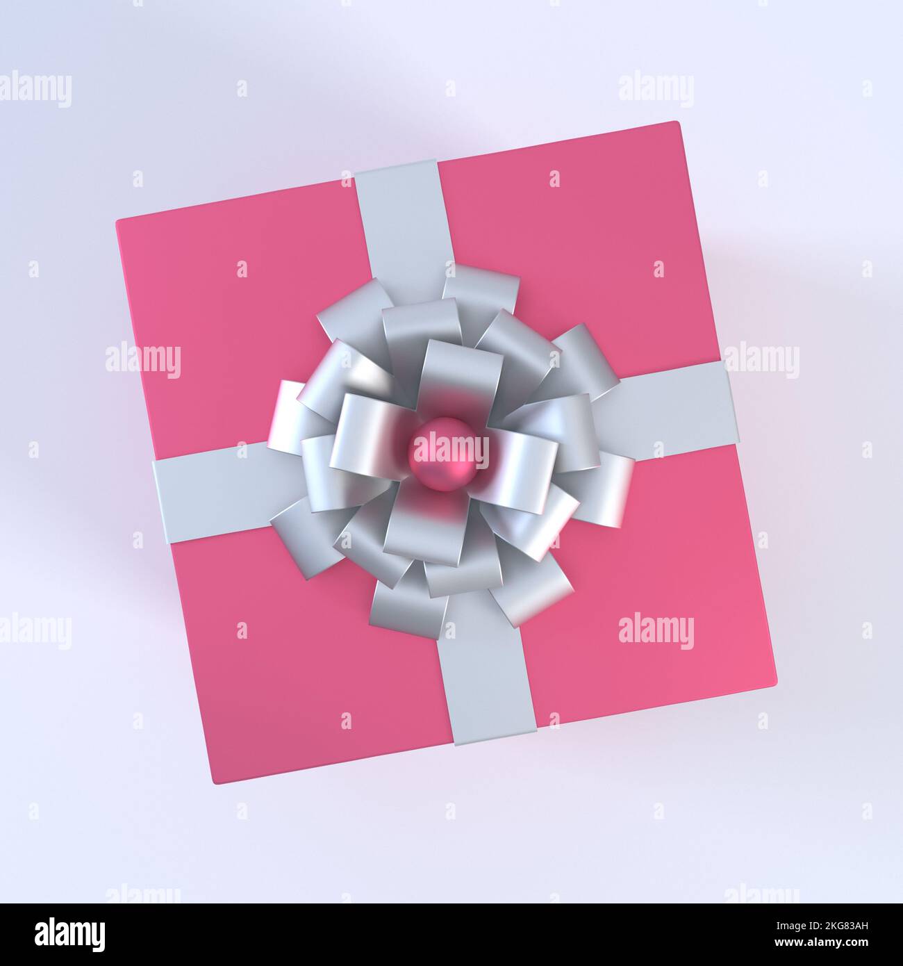 Top view of 3d pink gift box with silver ribbon and bow isolated on ...