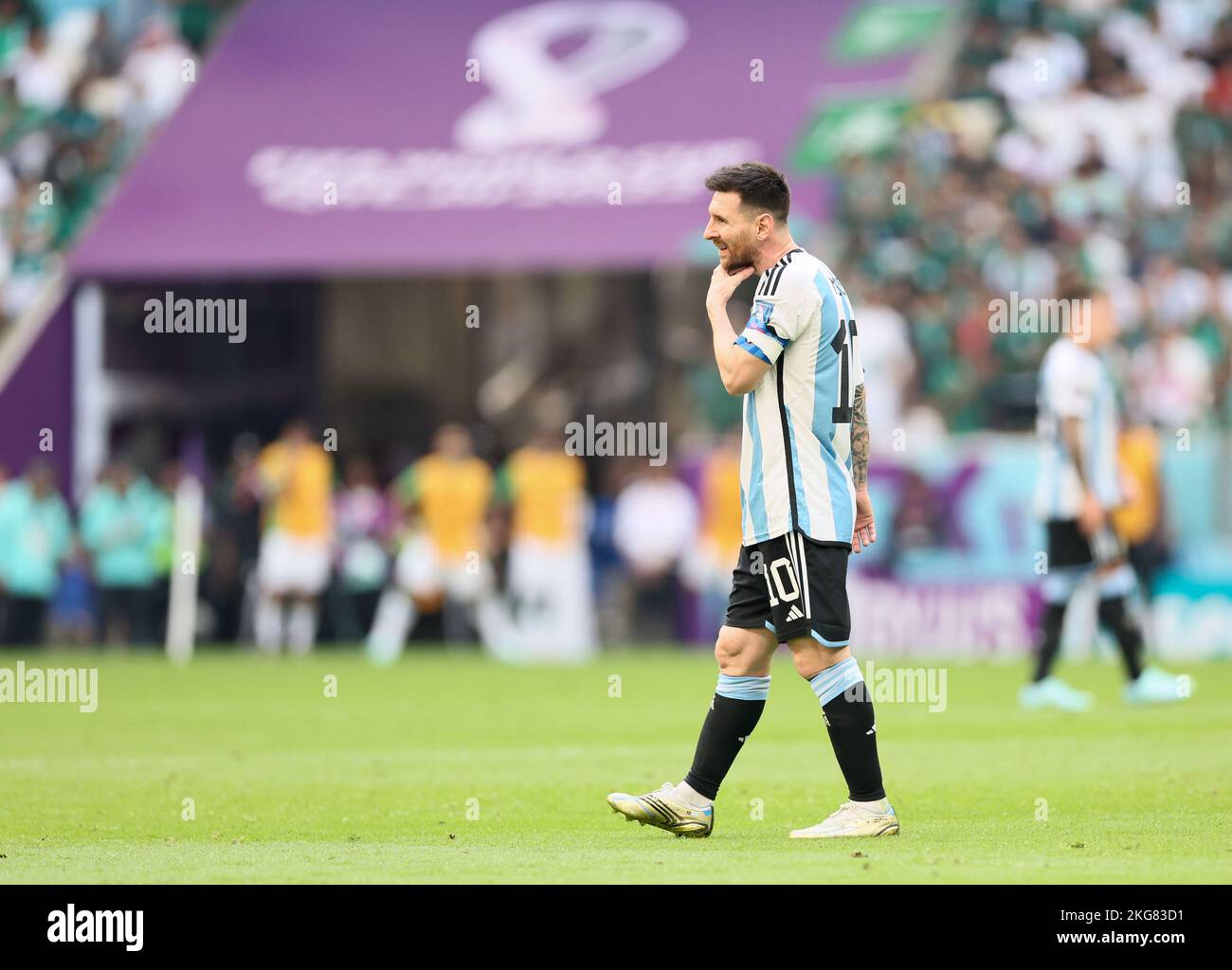 Lusail, Qatar. 22nd Nov, 2022. Lionel Messi of Argentina reacts during ...