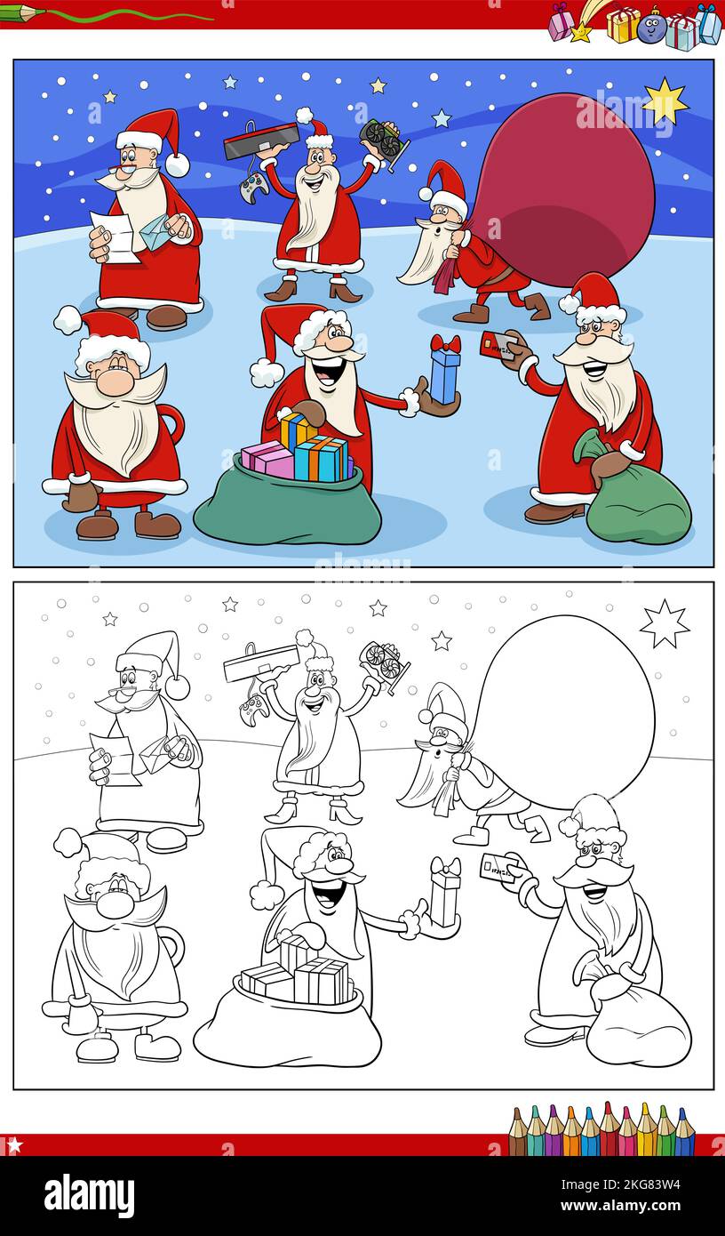 Cartoon illustration of Santa Claus characters on Christmas time ...