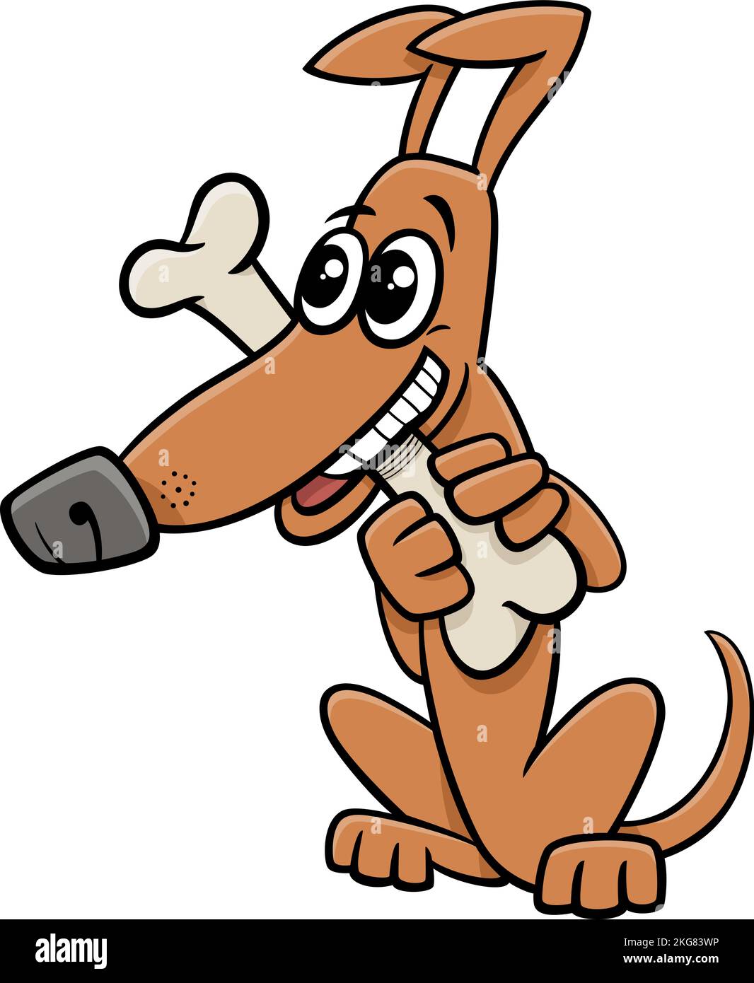 Cartoon illustration of funny dog comic animal character biting a bone ...