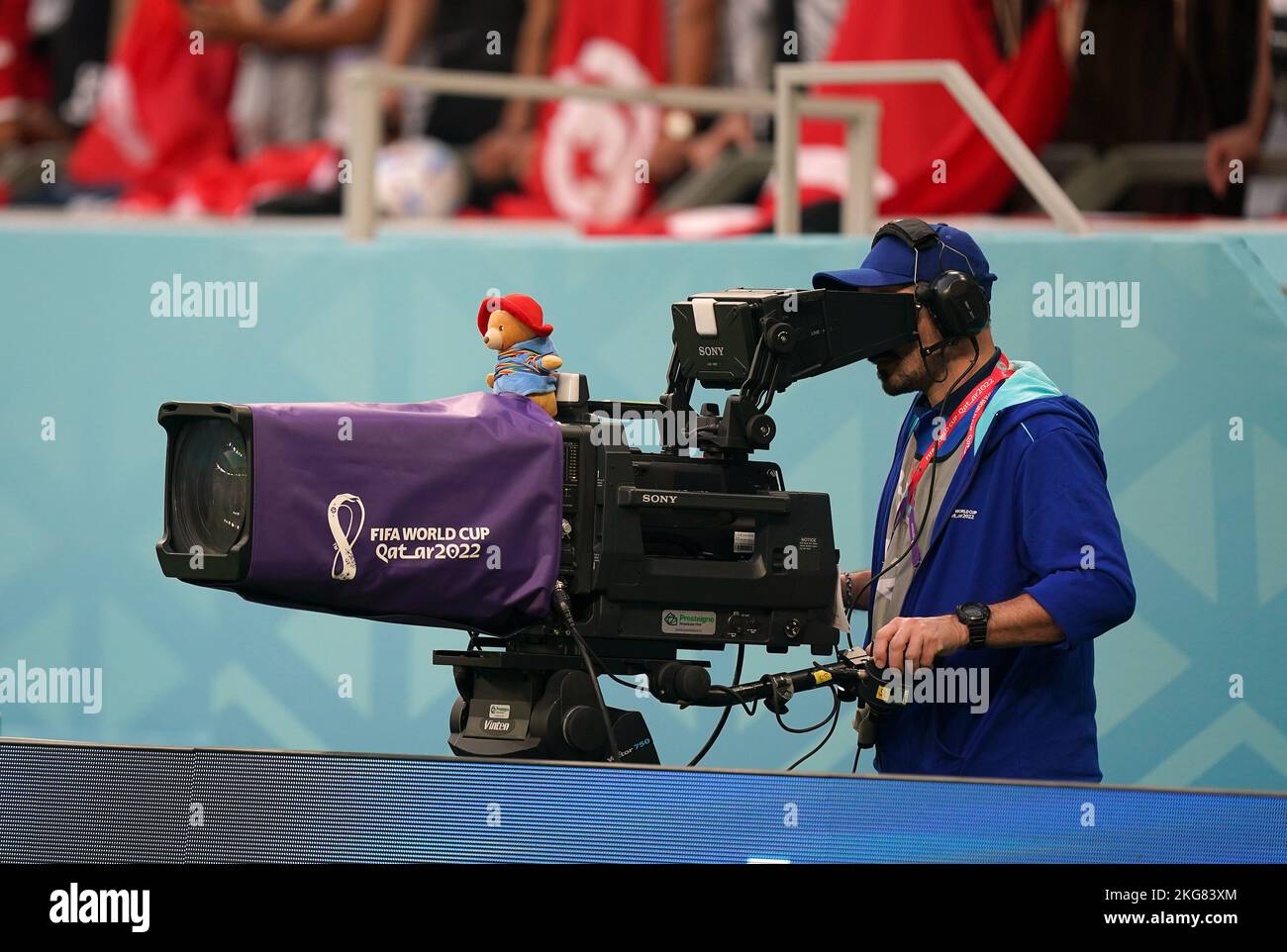 A teddy bear wearing rainbow laces on top of a television camera during ...
