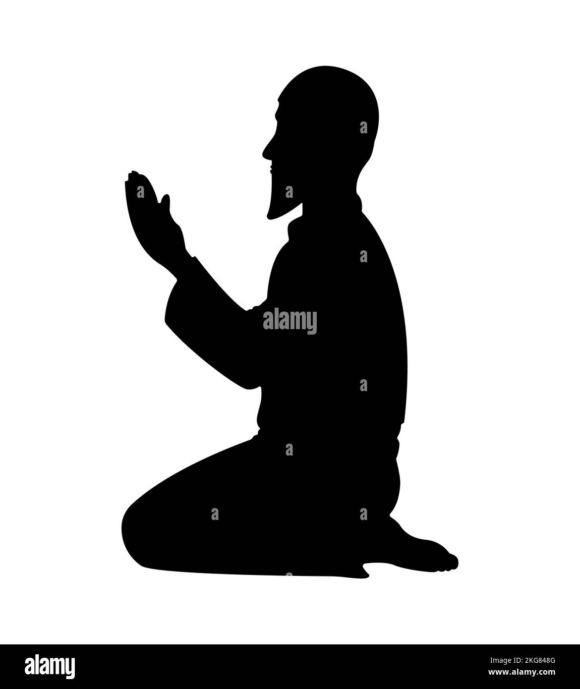 A black sketch drawing of a Muslim man praying isolated on a white ...