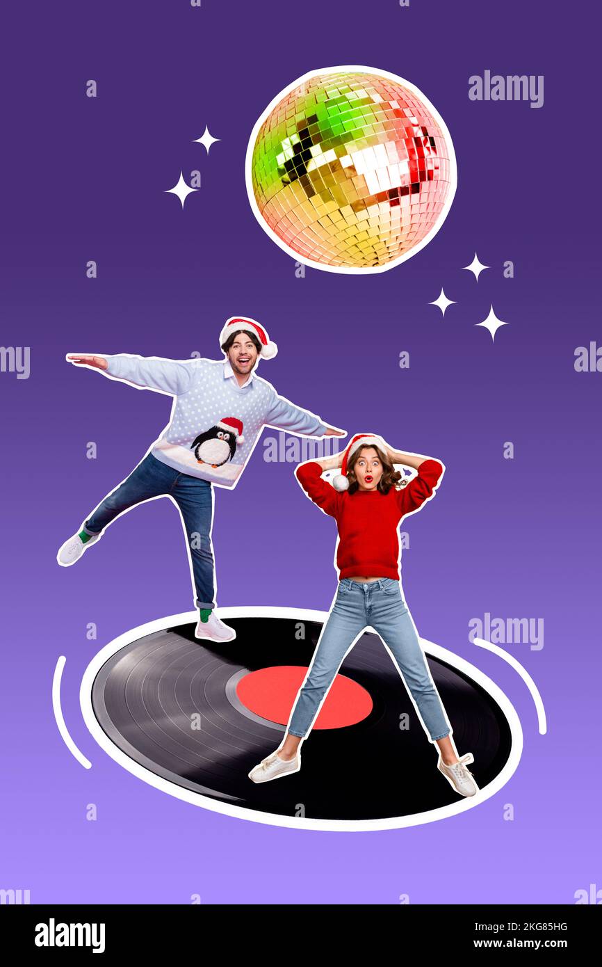 Vertical collage picture of two positive excited people dancing ...