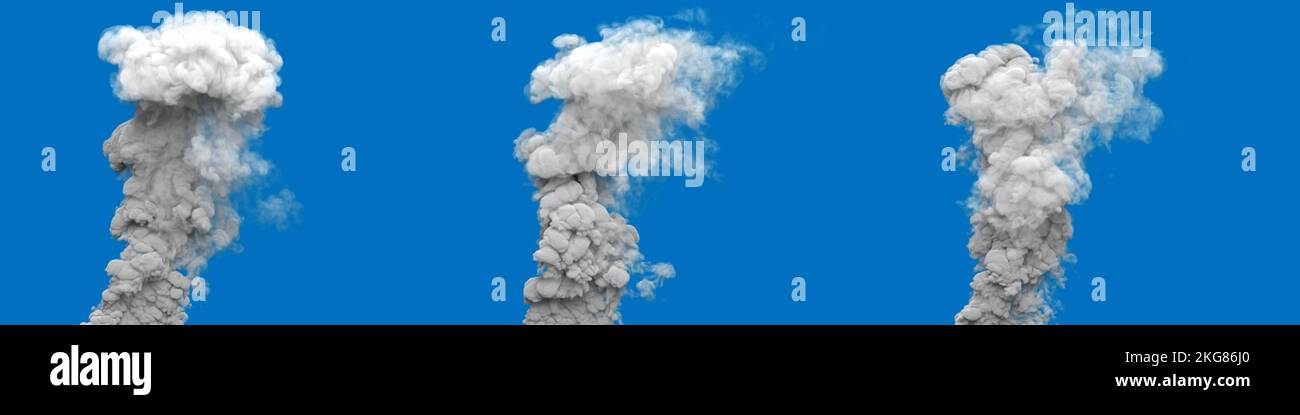 3 grey co2 emissions smoke columns from wildfire on blue, isolated ...