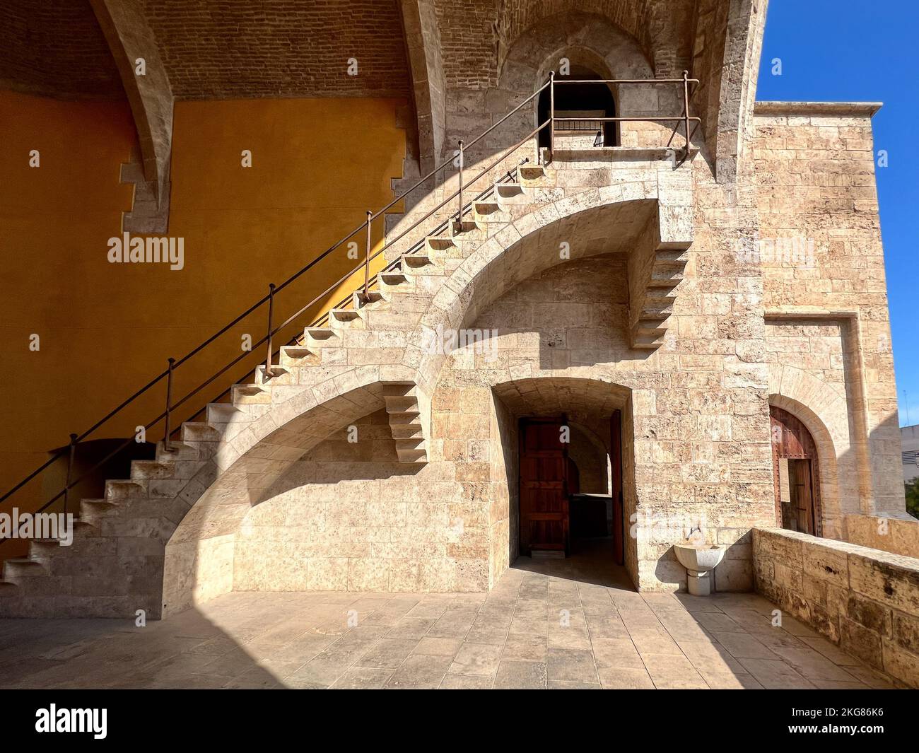 A beautiful view of historical medieval stairs in a castle in Valencia ...