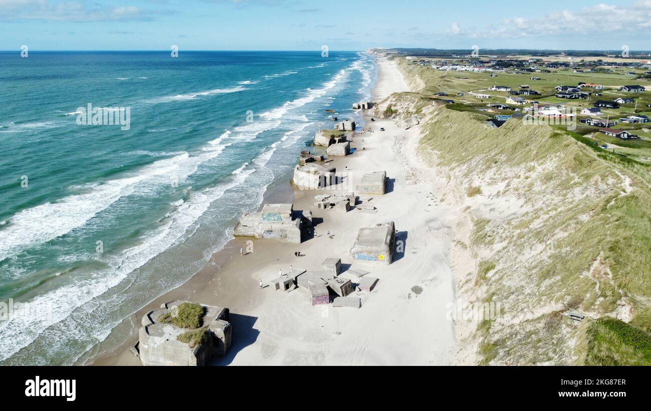 An aerial of the World War II bunkers on the coastline of Lokken, North ...