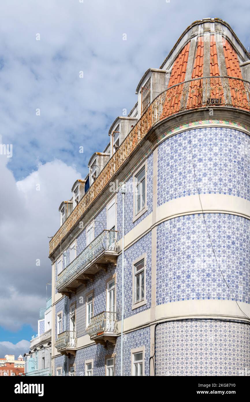 Views of a typical Lisbon building with the facade covered in blue ...