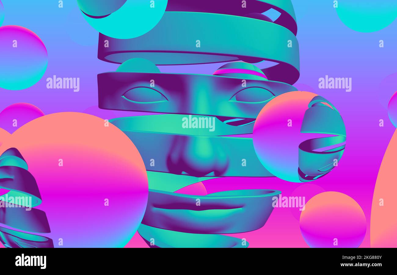An abstract trippy 3D rendering of a spiraling human face with bubbles ...