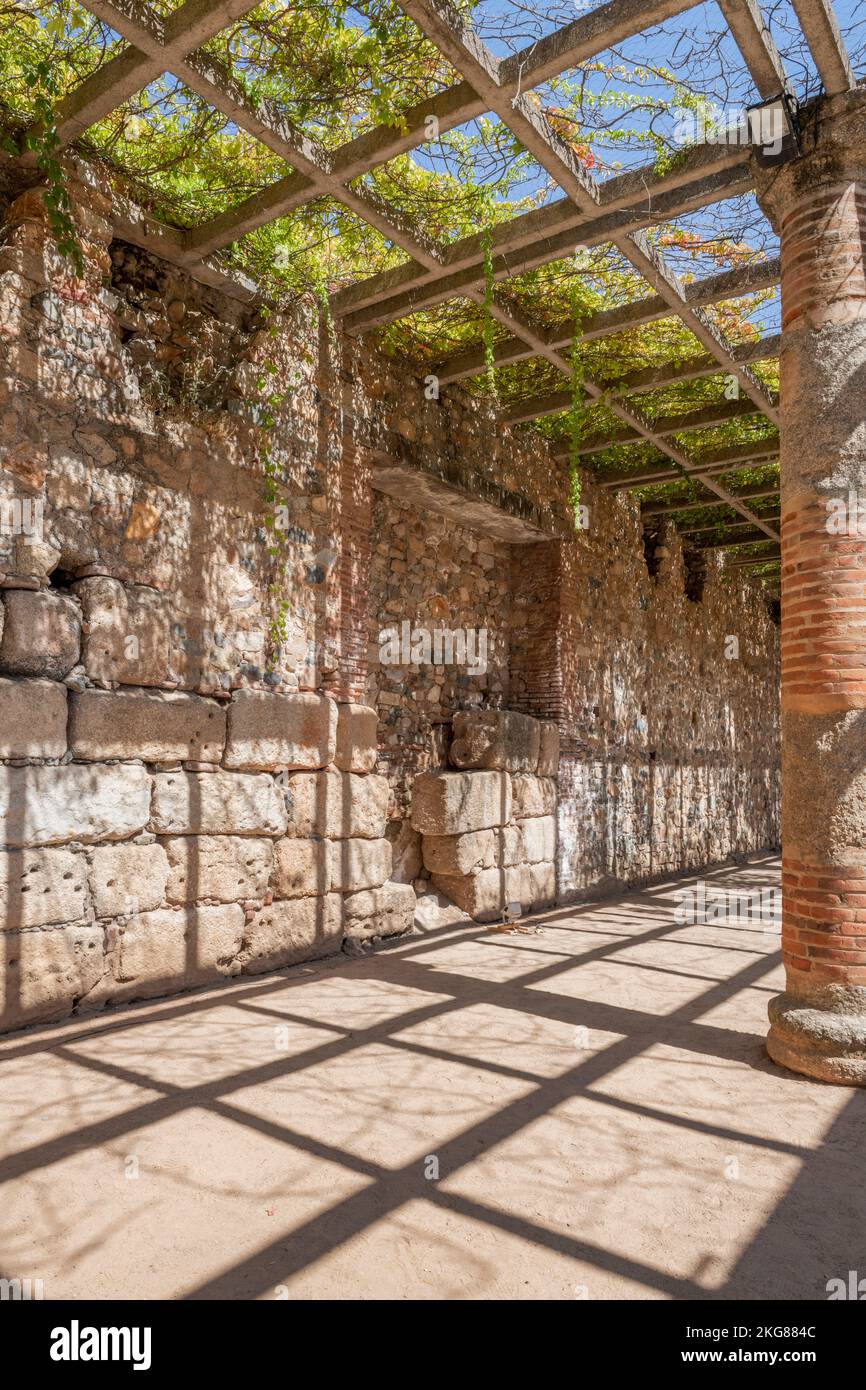 Archeology rehabilitated remains of a Roman construction columns in a ...