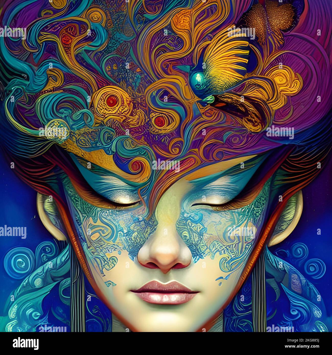 An illustrative painting of a woman with colorful makeup and expanding ...