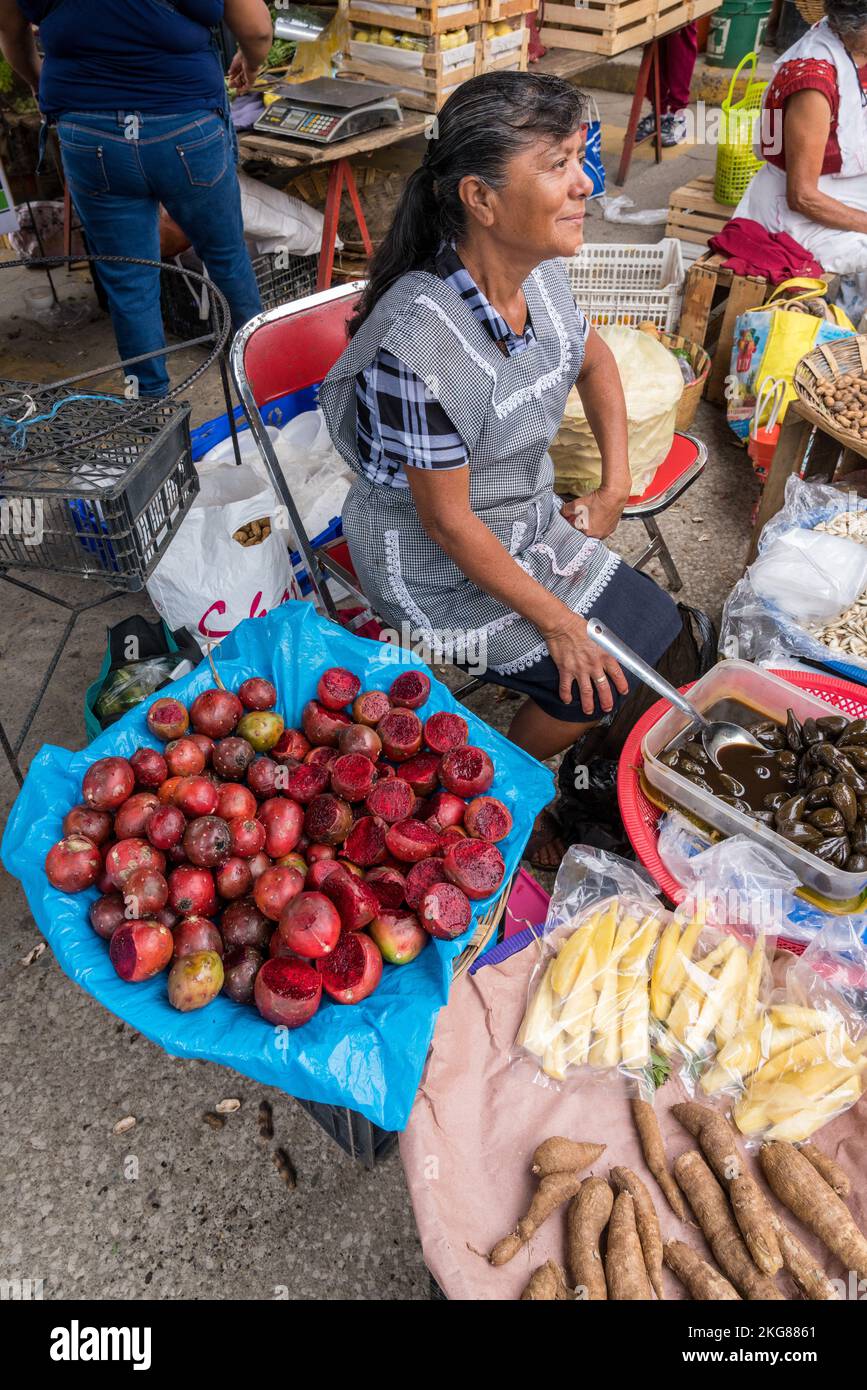 A woman sells red tuna or prickly pear cactus fruit in the market at ...