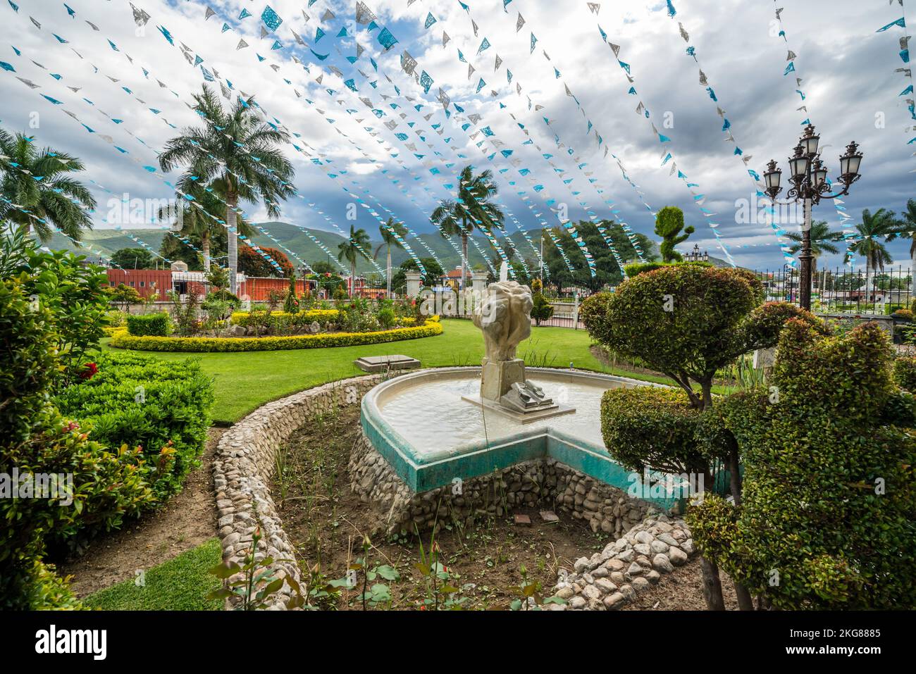 Banners over the grounds and gardens of the Temple of the Virgin Mary ...