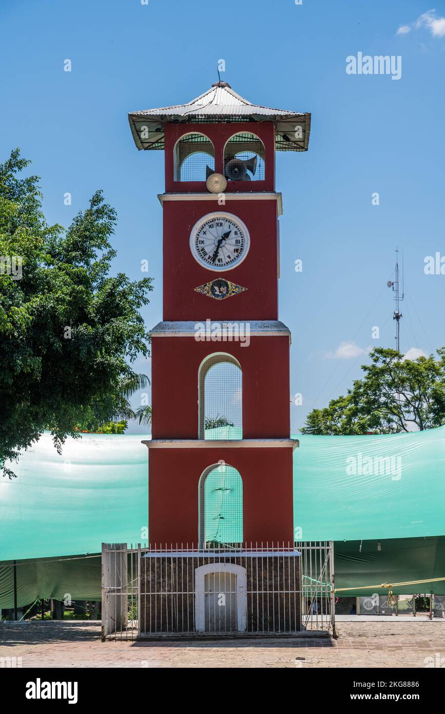 The brick clock tower in the central plaza of Villa de Zaachila, Oaxaca ...