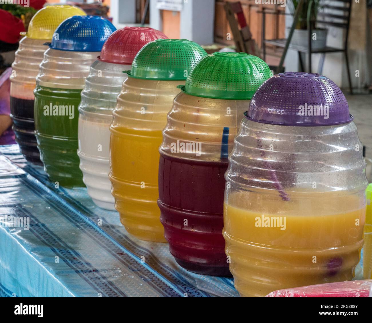 Agua fresca or Mexican fruit drinks for sale in the weekly market in ...