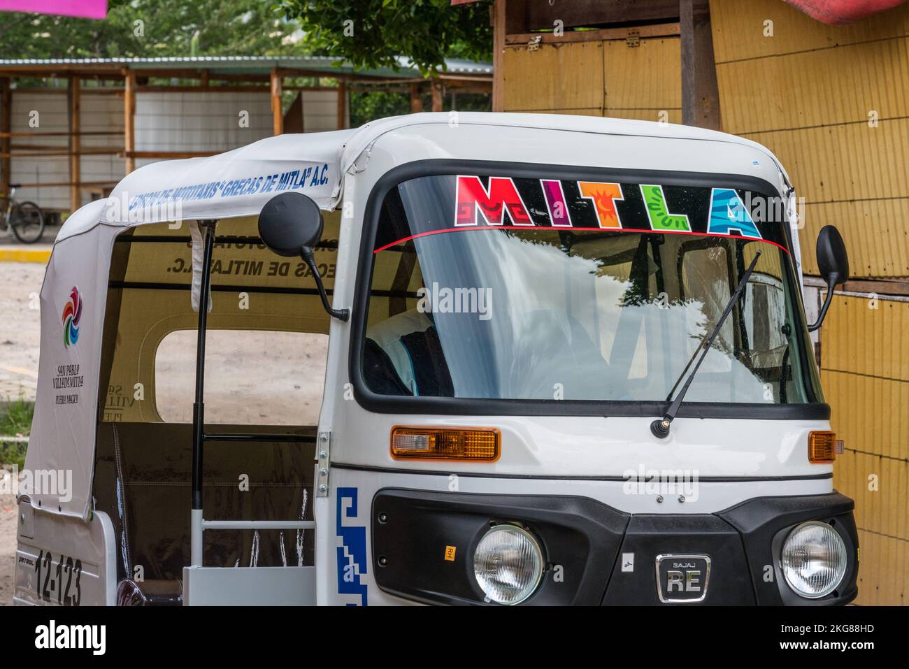 A Mitla sign on the windshield of a mototaxi in the town of San Pablo ...