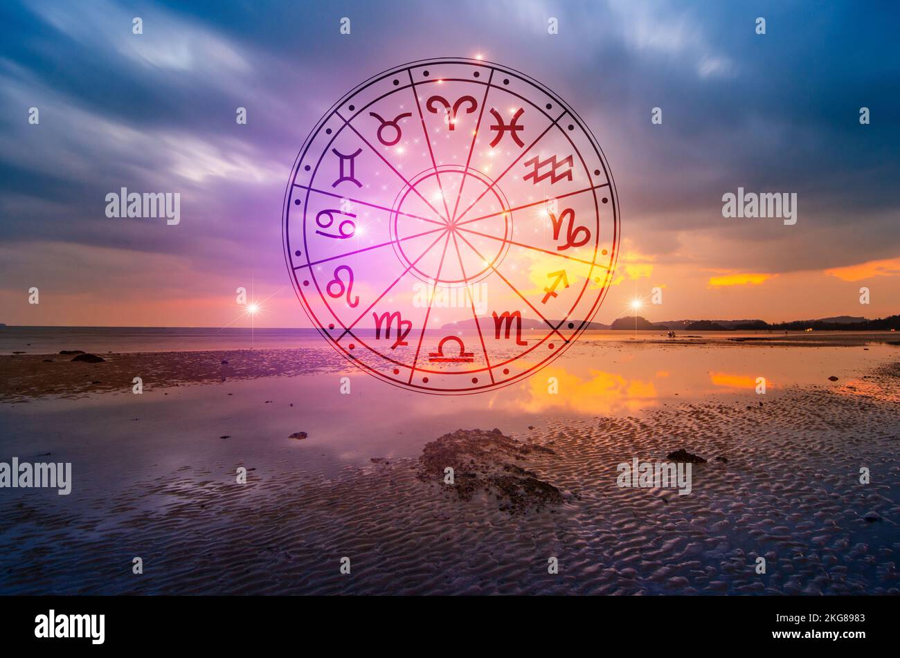Zodiac signs inside of horoscope circle. Astrology in the sky with many ...