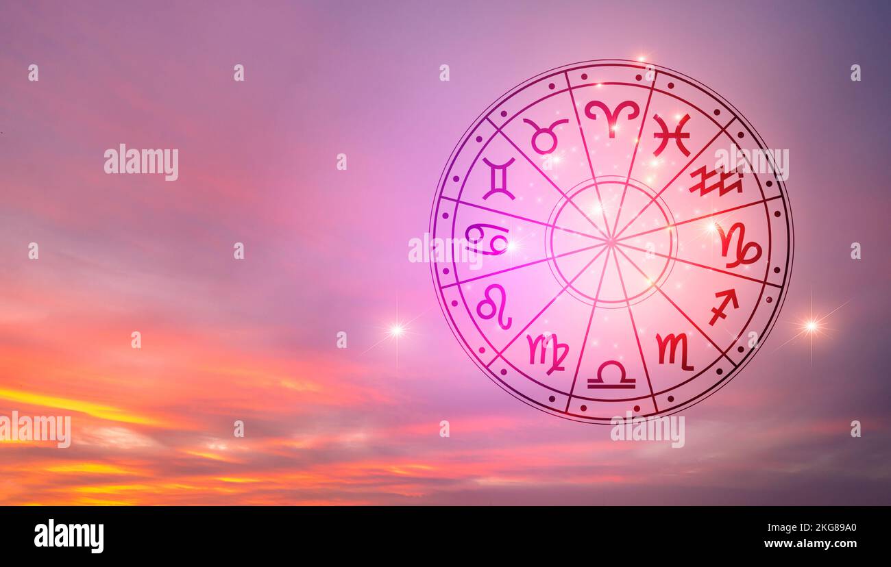 Zodiac signs inside of horoscope circle. Astrology in the sky with many ...