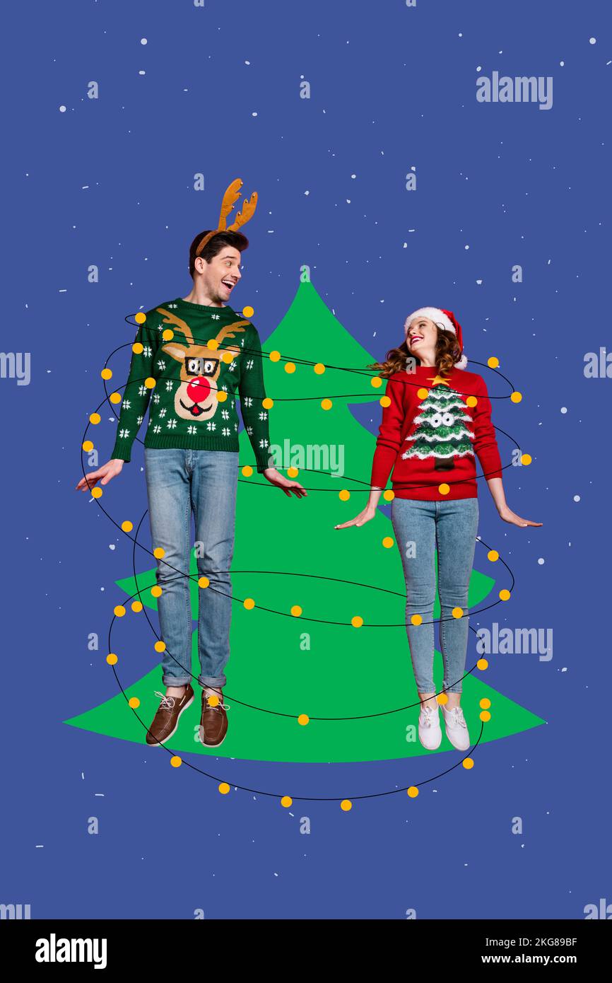 Photo artwork minimal picture of funny funky lady guy decorating x-mas ...