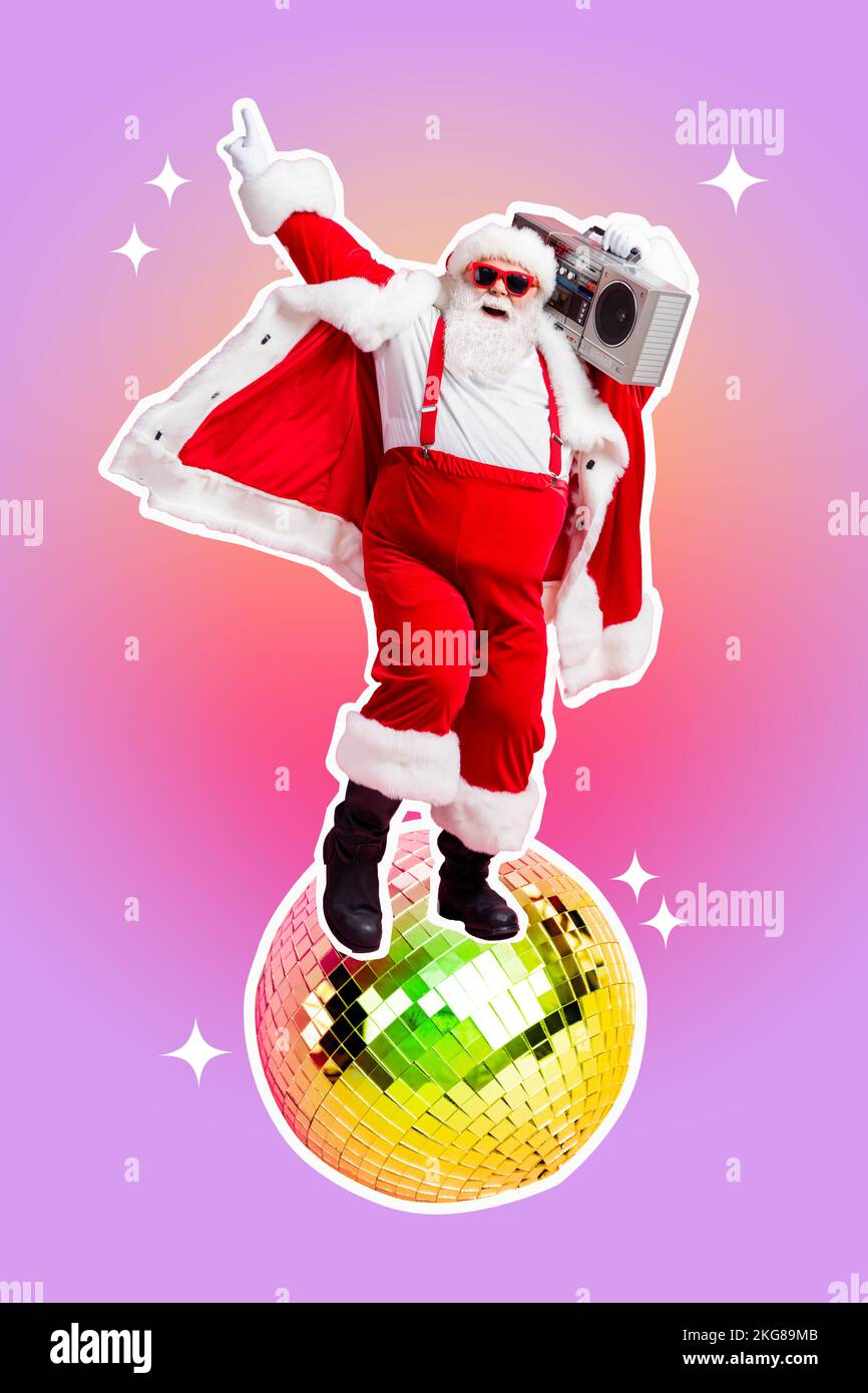 Vertical collage picture of carefree funky aged santa stand big disco ...