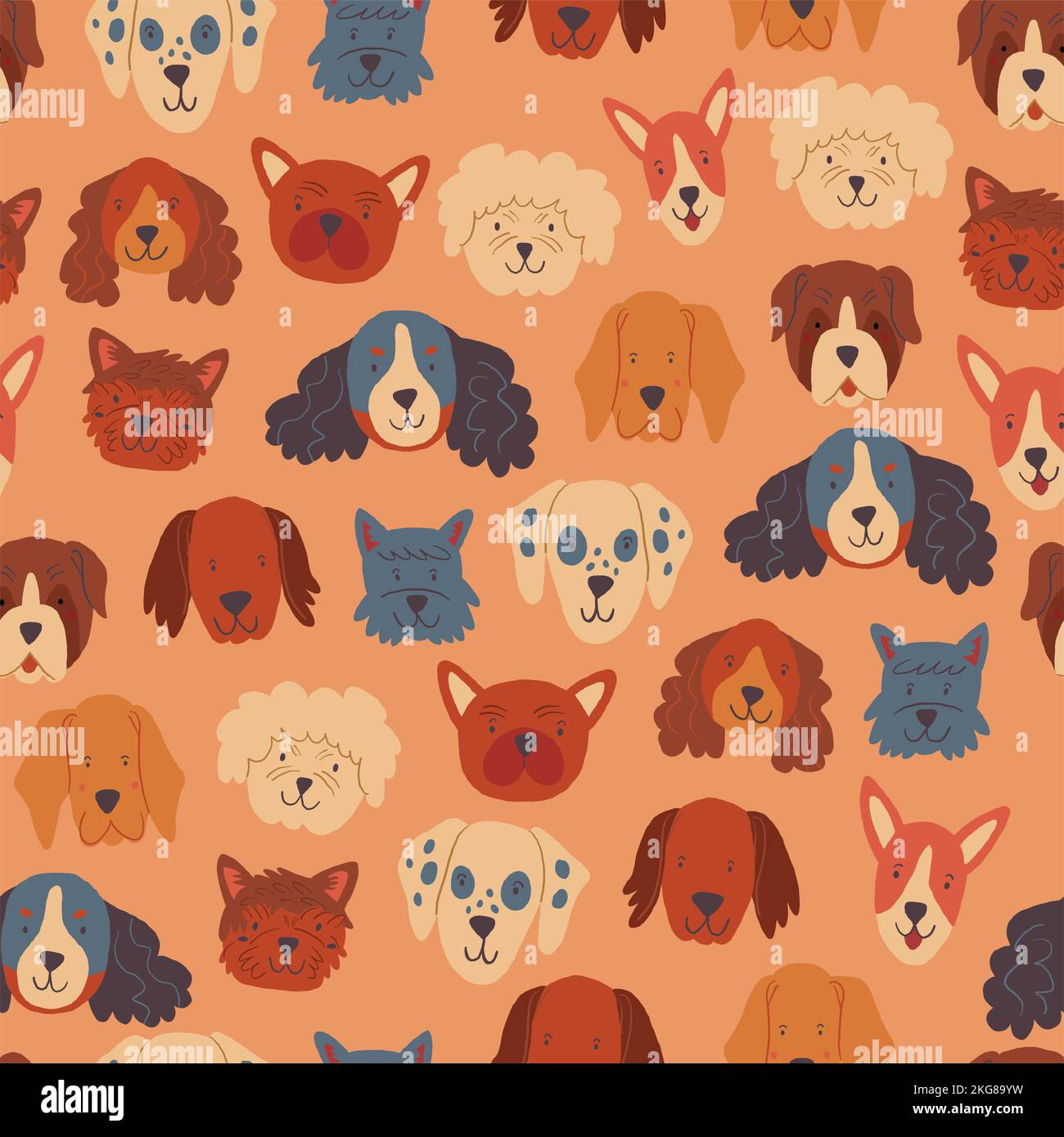 Vector seamless pattern with dogs faces on beige background. Popular ...