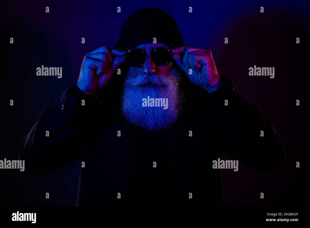 Photo of unknown senior man wear spectacles dressed modern clothes ...