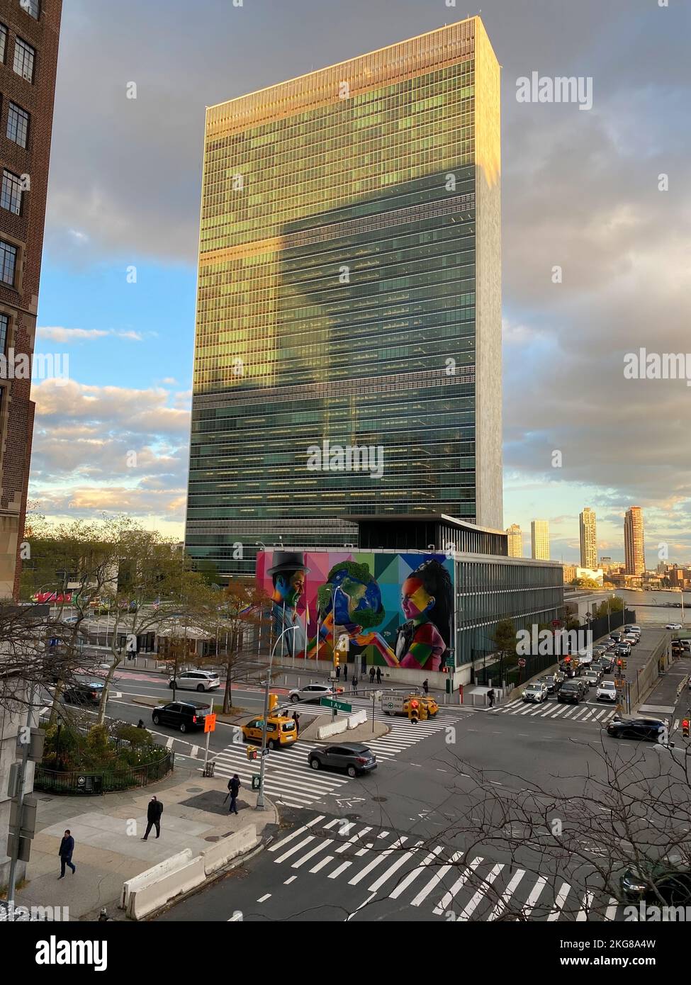 New York, NY, USA - Nov 22, 2022: The UN Building shown at sunset in ...