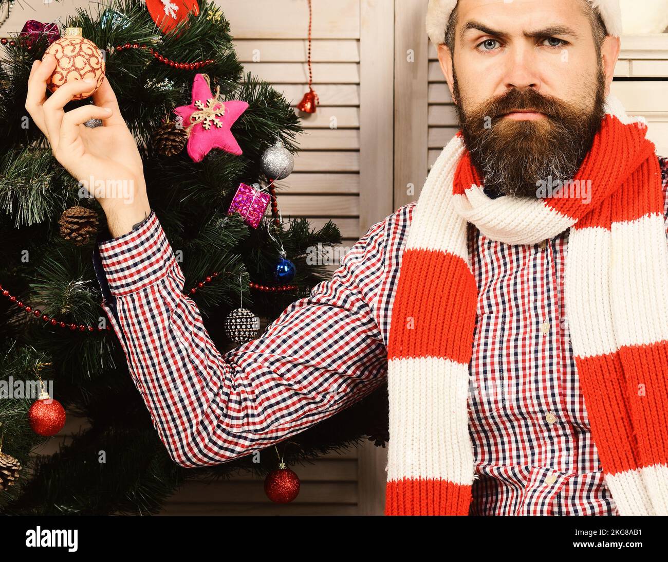 Guy decorates Christmas tree. Santa Claus with confused face Stock ...