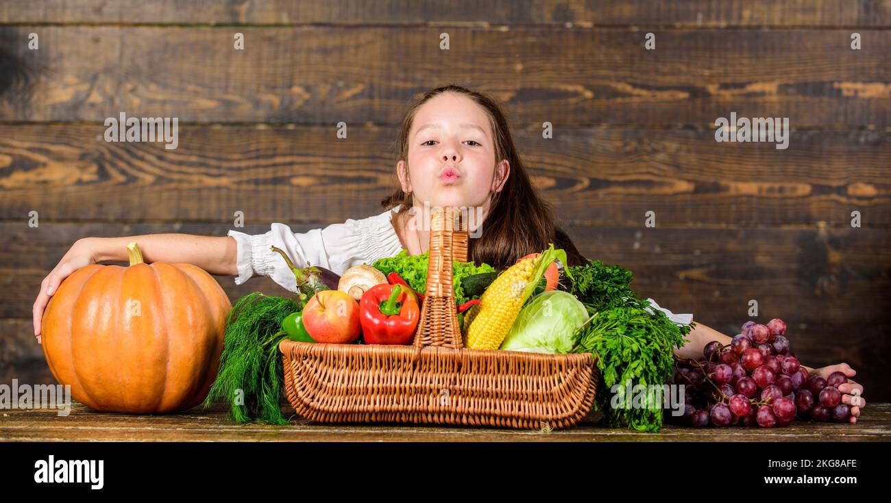 Girl kid rustic style farmers market with fall harvest. Child cheerful ...