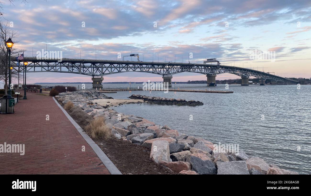 A low-angle shot of a beautiful bridge above the sea in Virginia, USA ...