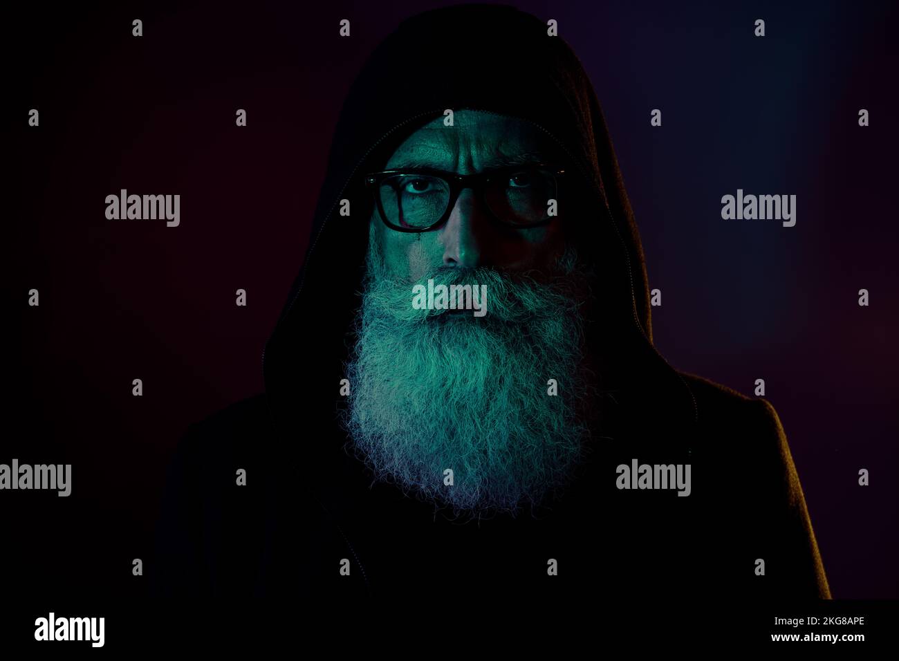 Close up photo of gloomy strict pensioner wear robe cloak mysterious ...