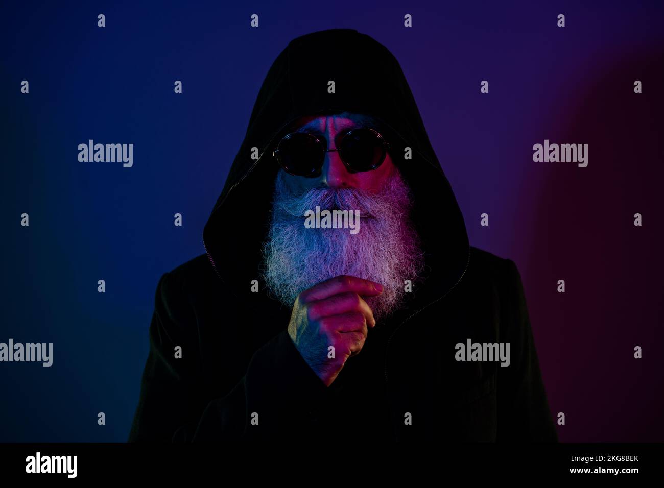 Photo of minded suspicious man dressed black clothes decide steal santa ...