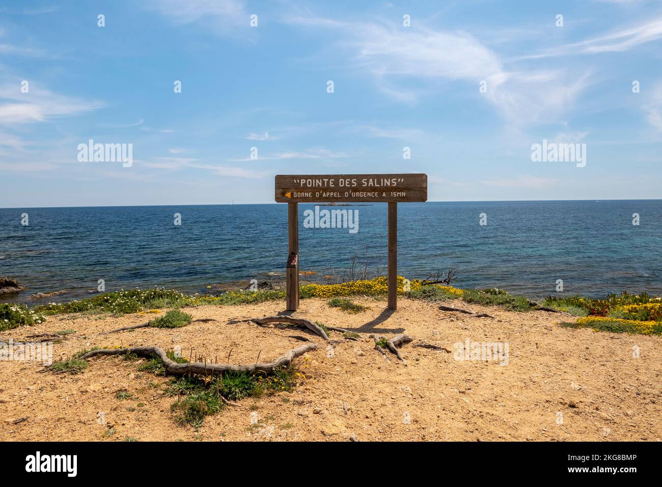Saint-Tropez coastal path lined with flowers with a view of the sea ...