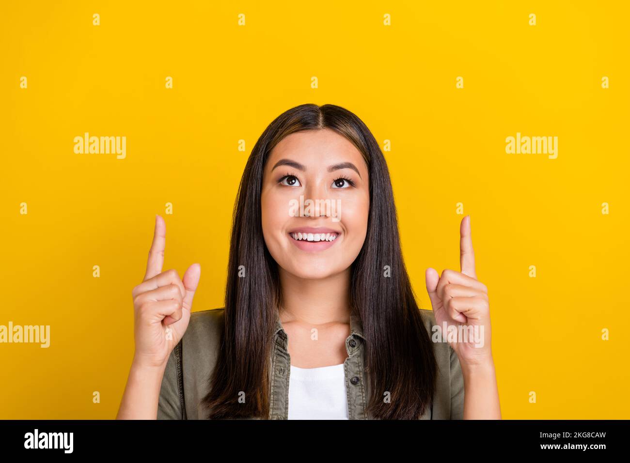 Photo of optimistic adorable woman straight hairdo dressed gray shirt ...