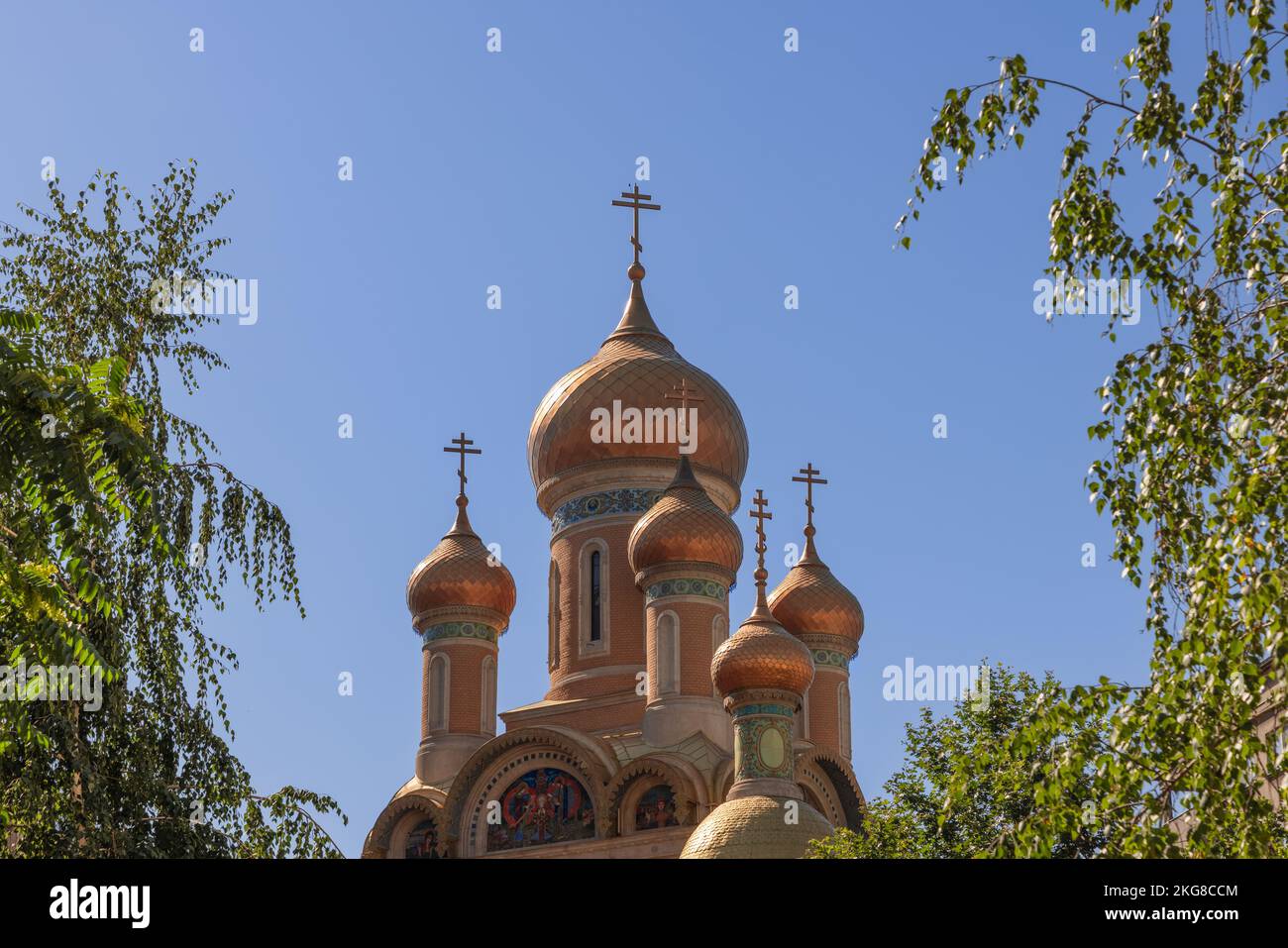 St. Nicholas Russian Church onion domes with crosses are patinated with ...