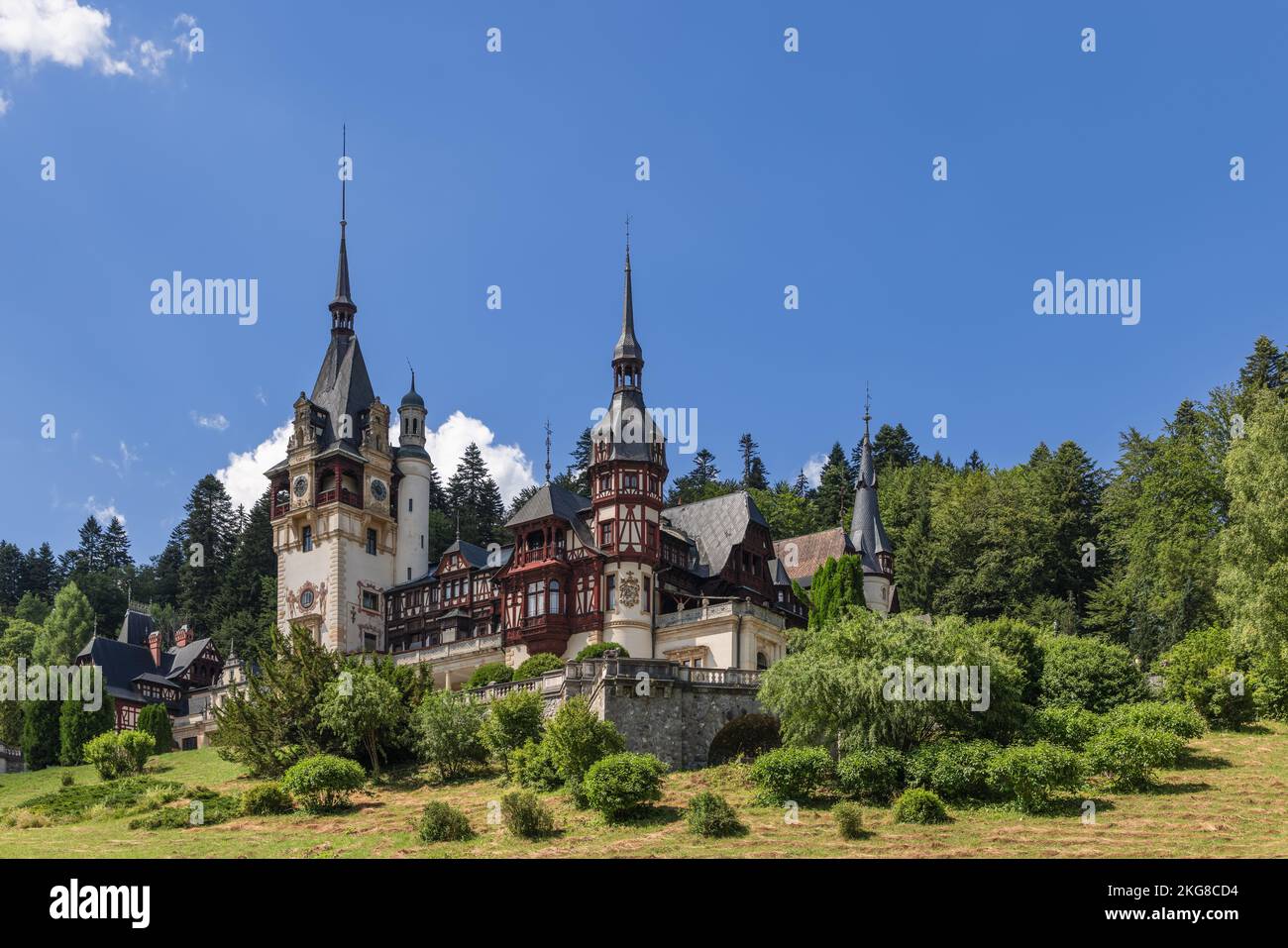 Grand palatial alpine Peles Castle (Castelul Peles) combines different ...