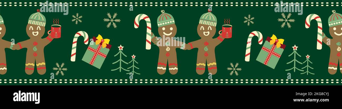 Cute gingerbread men, candy canes, presents seamless vector border ...